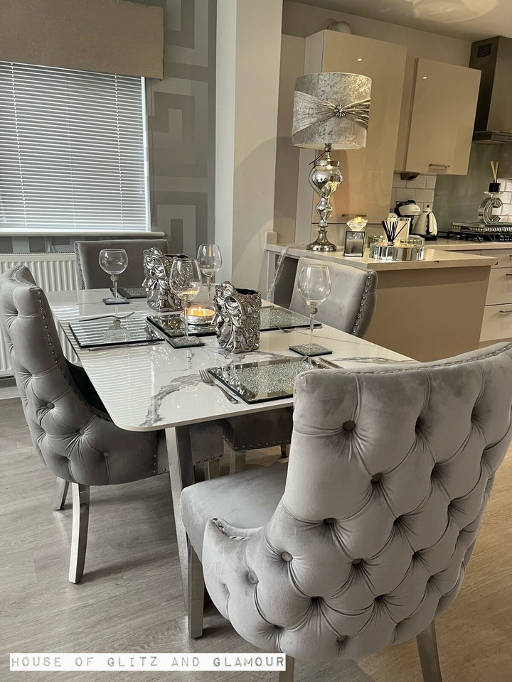 Dining Table 1.6m X 0.9m Luca White Grey Stone Set 4 Grey Velvet Tuft ...