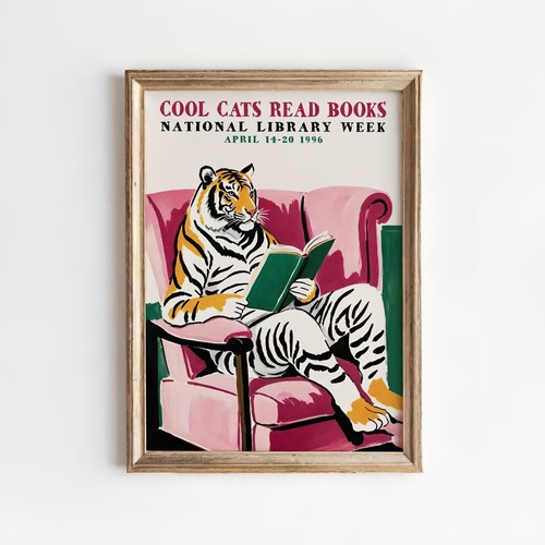 Cool Cats Reading Poster - Library Week 1996 Wall Art Print - Retro ...