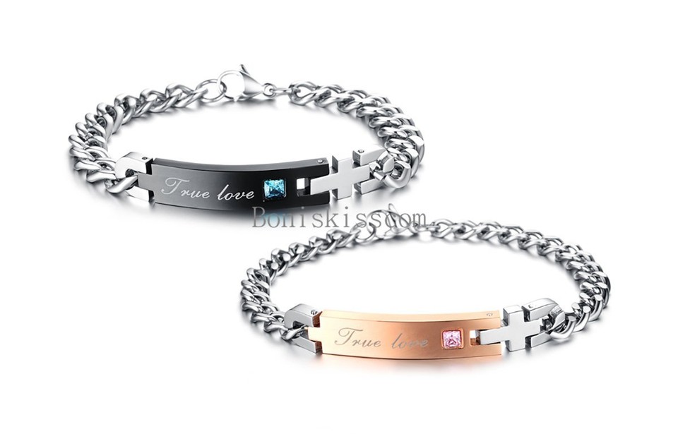 Couples Stainless Steel Chain True Love Cross ID Bracelet Valentine's ...