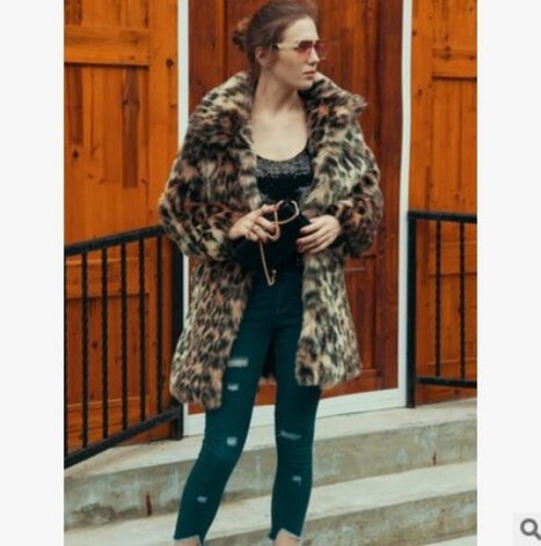 Womens rabbit mink fur coat Chic long sleeve winter warm leopard print ...