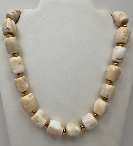 Handmade Gold Beads & Beige Barrel Shape Coral Beaded 22" Toggle ...