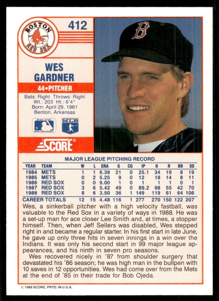 1989 Score Baseball Card Wes Gardner Boston Red Sox #412 | eBay