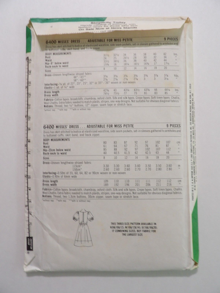 Simplicity 6400 Vintage Sewing Pattern Misses & Misses Petite Dress ...