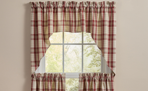 Hawthorne Deep Red Cream Plaid Country Home Window Swags 72" x 36" | eBay