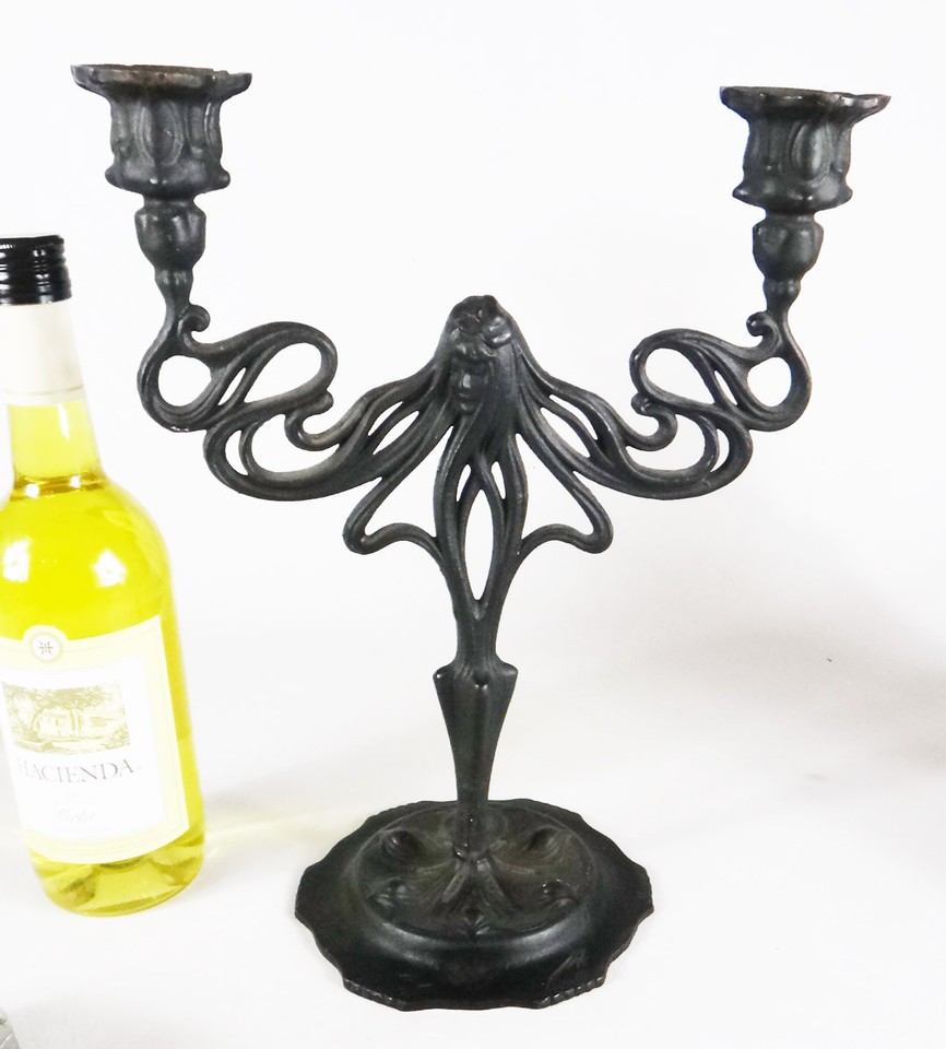 Art Nouveau candle holder opera cast iron Victorian black 2 stick lady ...