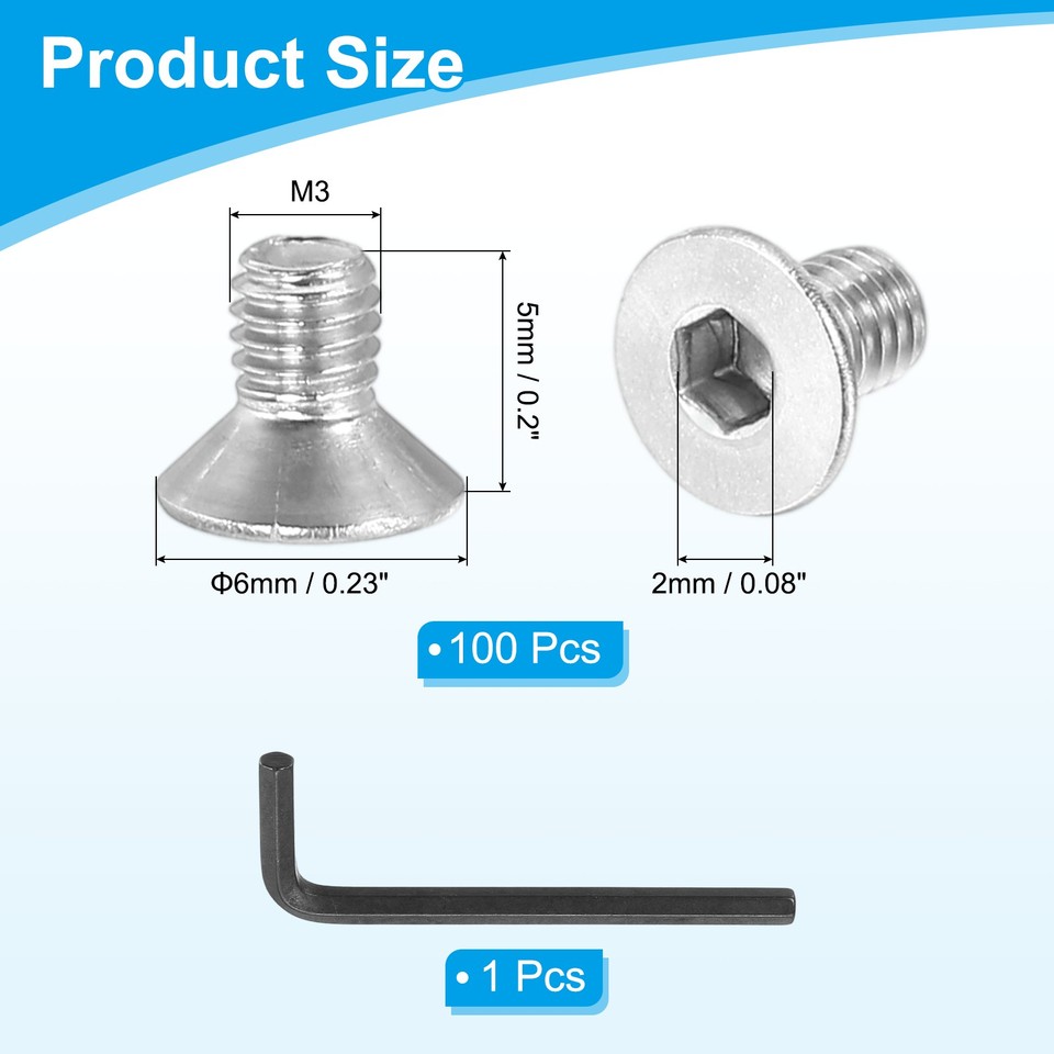 M3 x 5 mm Flat Head Socket Cap Screws, 100 Pcs Hex Socket Countersunk ...