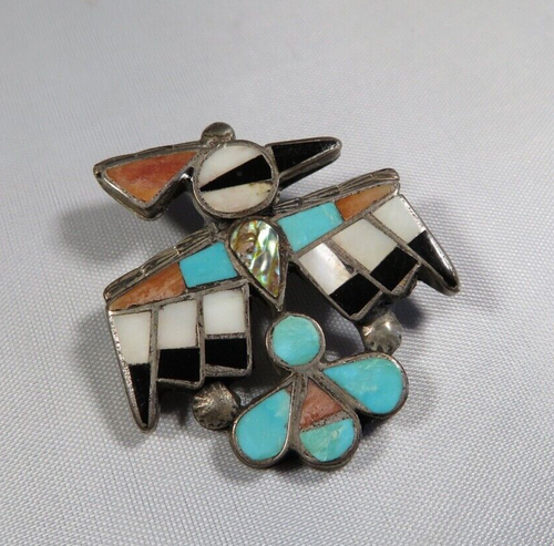 Native American Sterling Silver Zuni Multicolored Thunder Bird Brooch ...