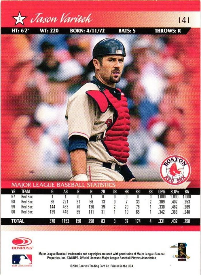 2001 DONRUSS 20TH ANNIVERSARY JASON VARITEK #141 CARD $0.99 VALUE BOX ...