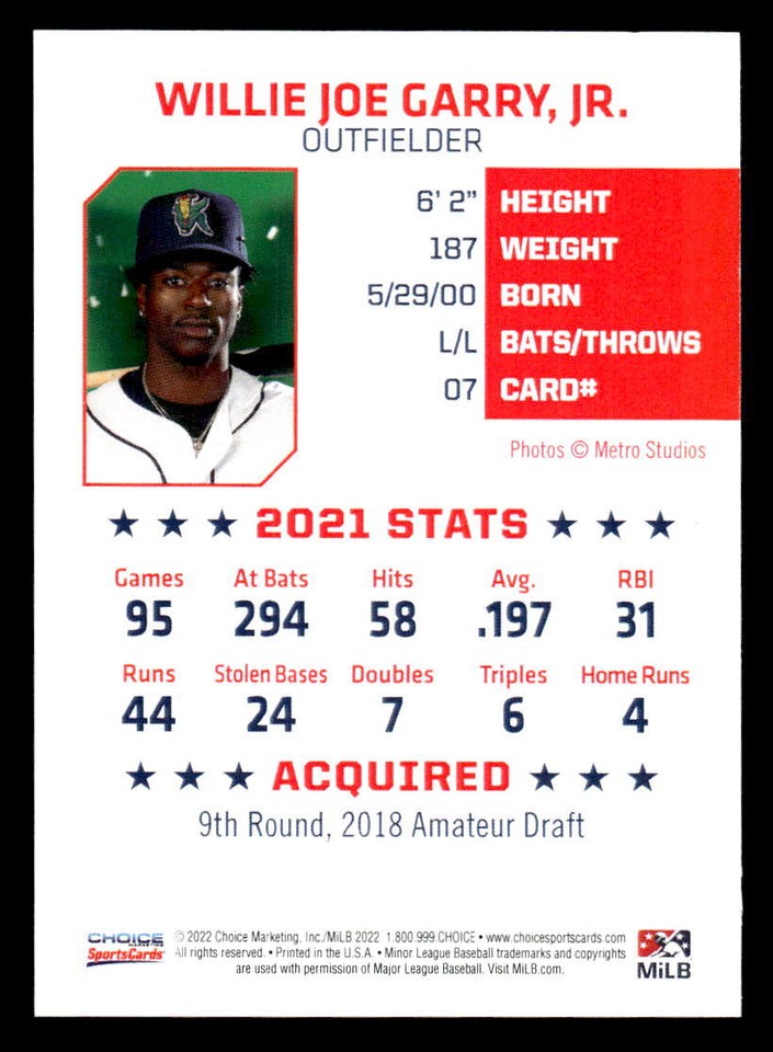 Willie Joe Garry, Jr. 2022 Choice Cedar Rapids Kernels #07 | eBay