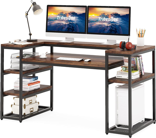 63 Inches Computer Desk with Open Storage Shelves, Large Office Desk ...