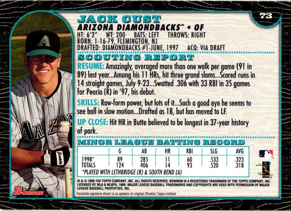 Signed 1999 Bowman Jack Cust 73 Diamondbacks Autographed | eBay
