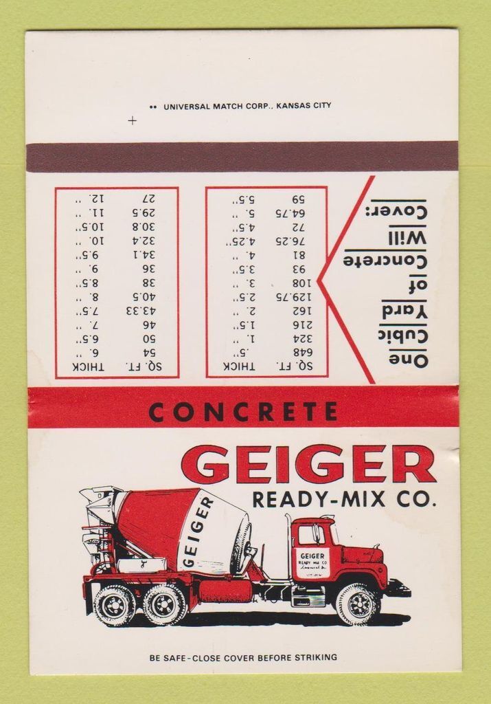Matchbook Cover - Geiger Ready Mix Concrete Leavenworth KS SAMPLE WEAR 40 Strike | eBay