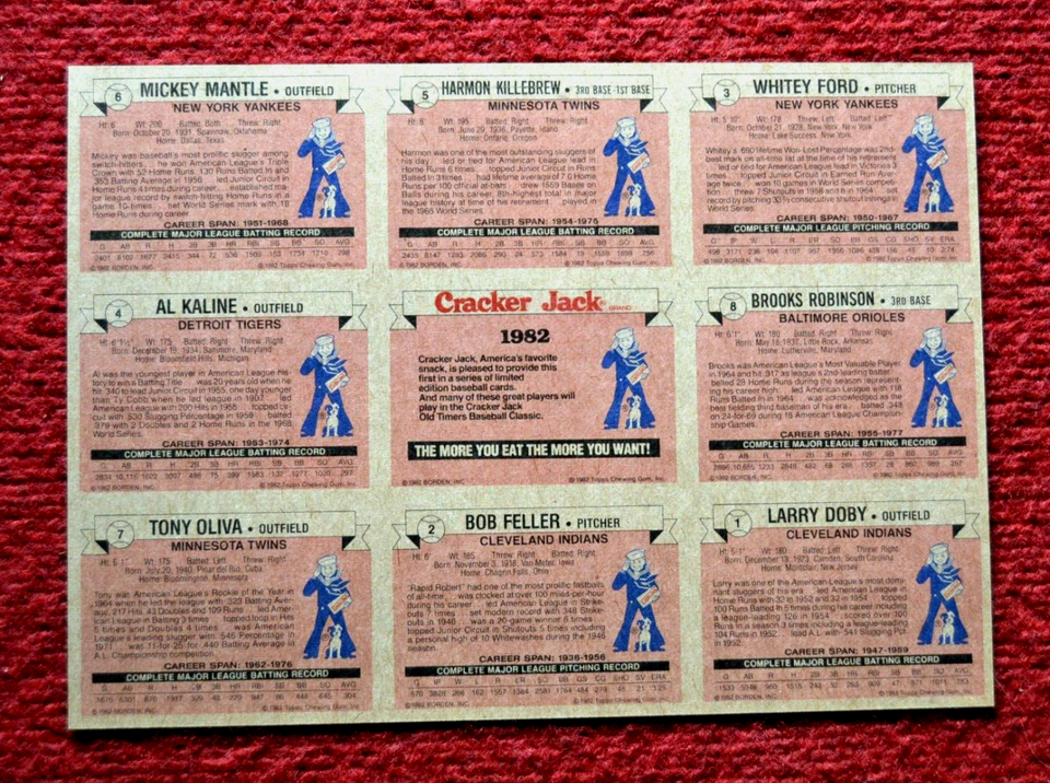 Mickey Mantle Whitey Ford Brooks Robinson Al Kaline Cracker Jack Sheet ...
