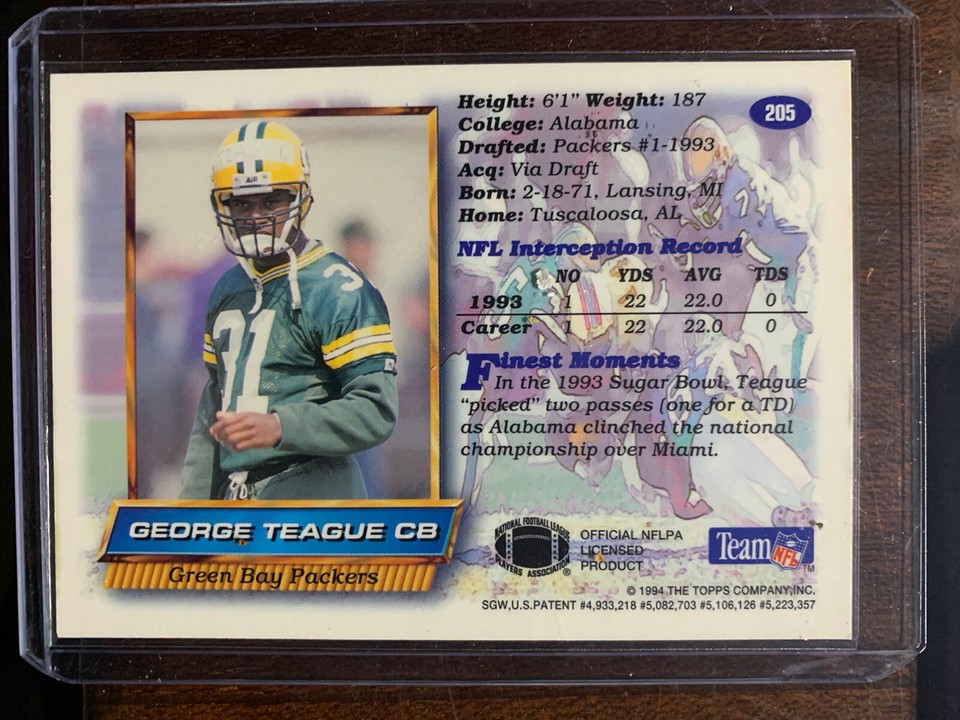 1994 Topps Finest #205 GEORGE TEAGUE Green Bay Packers & Alabama 🔥 ...