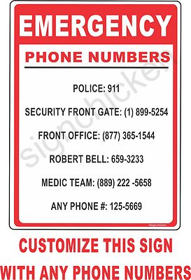 Emergency Phone Number Sign, CUSTOMIZABLE, home safety, business sign ...
