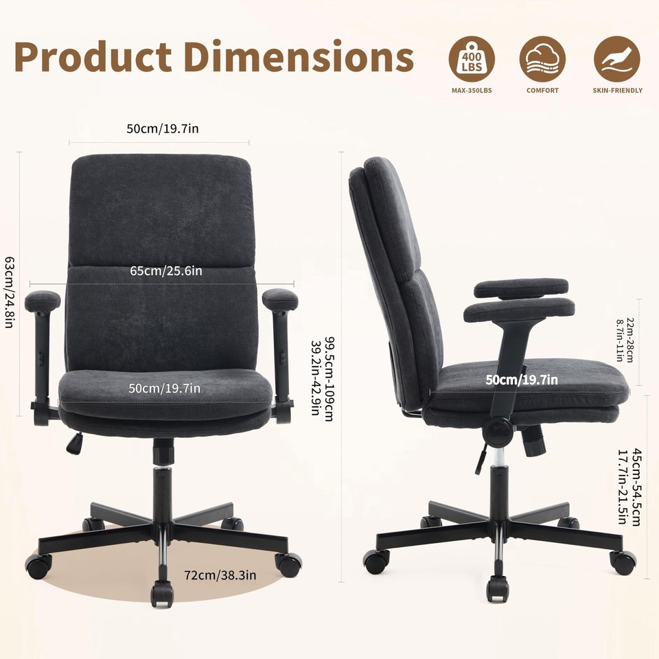Office Chair Adjustable Desk Chair Mid Back Comfortable Linen Ergonomic ...
