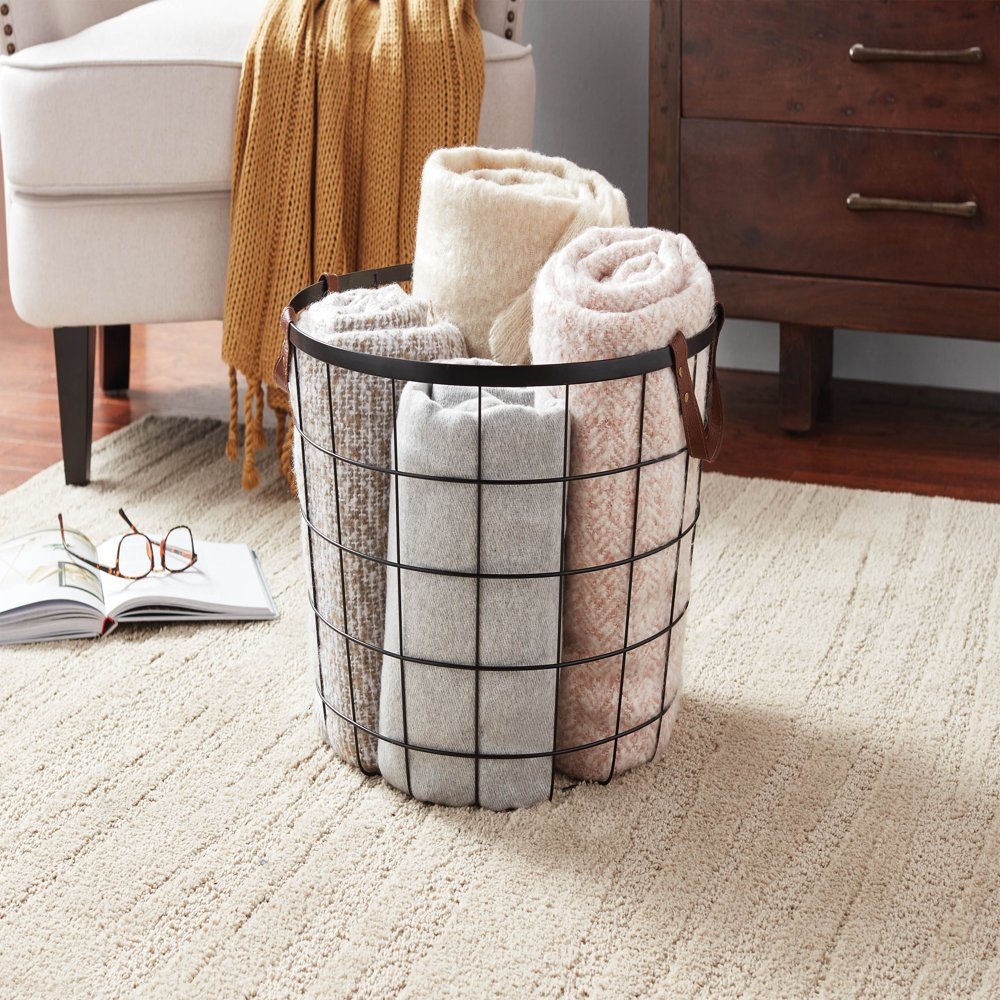 Stylish Large Round Wire Basket with Handles Storage Bin Stackable ...