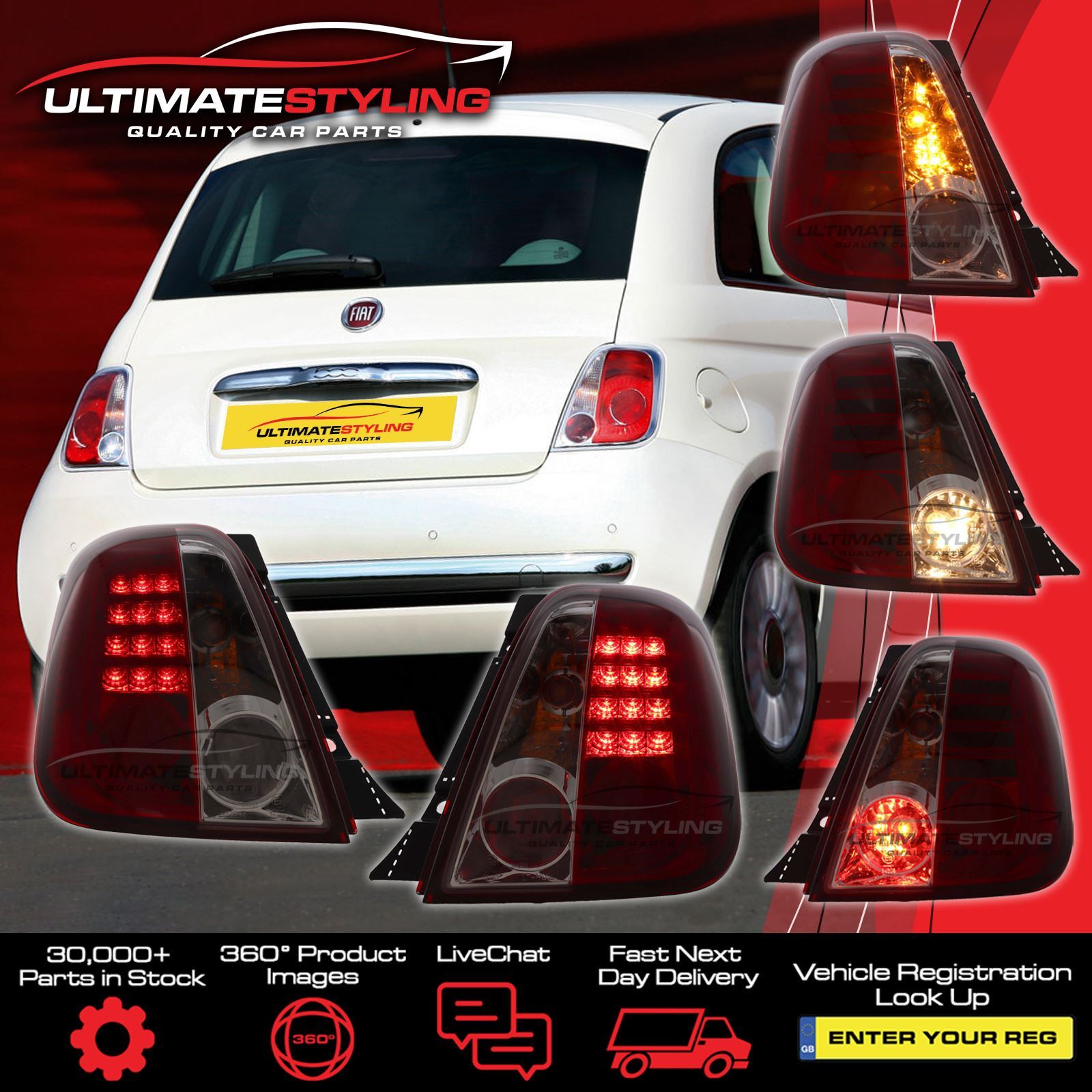 Fits Fiat 500 312 2009-2015 Red Clear LED Rear Tail Lights Bulbs Lamps ...