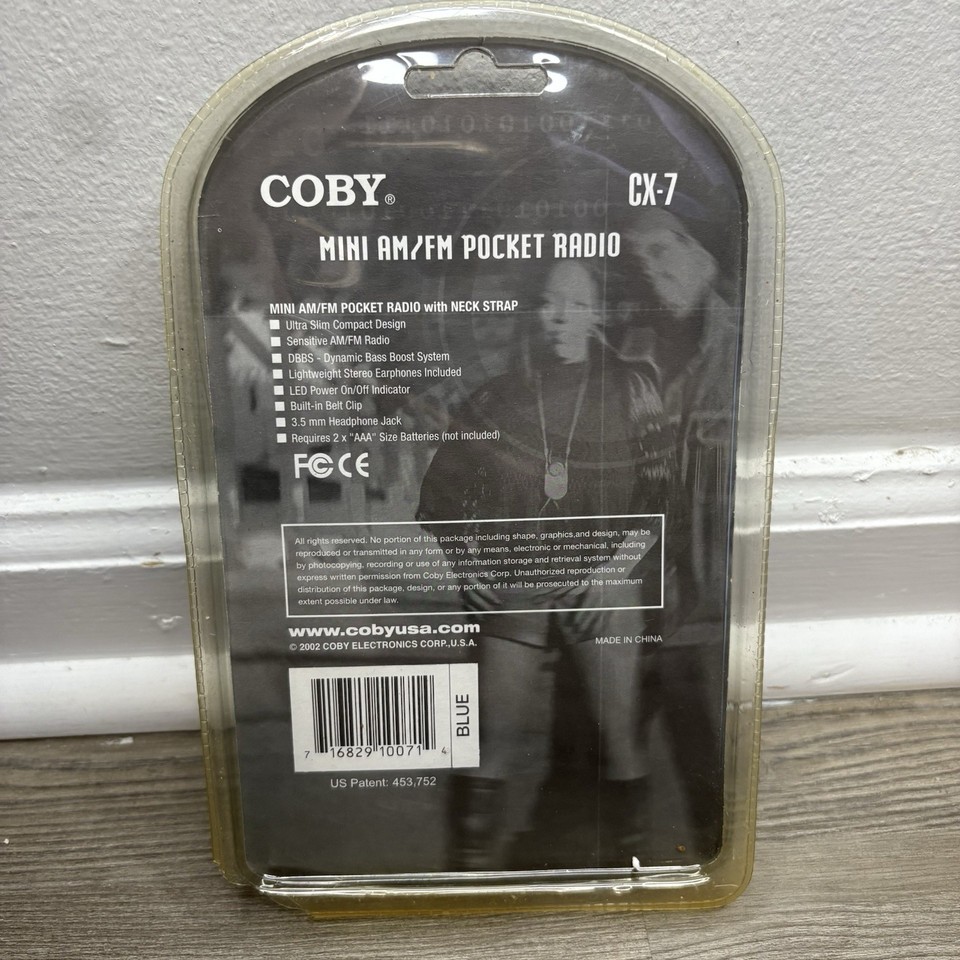 2002 Coby CX-7 Mini AM/FM Pocket Radio Headphones Neck Strap & Belt ...
