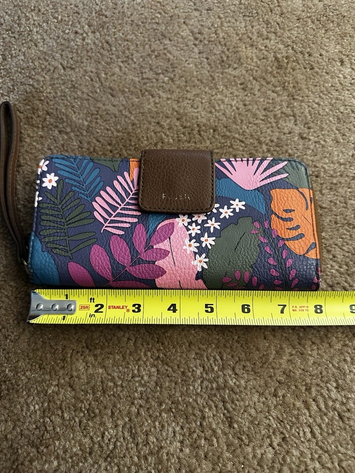 Fossil Madison Blue Tropical Wristlet Clutch Wallet Zip Around Floral ...