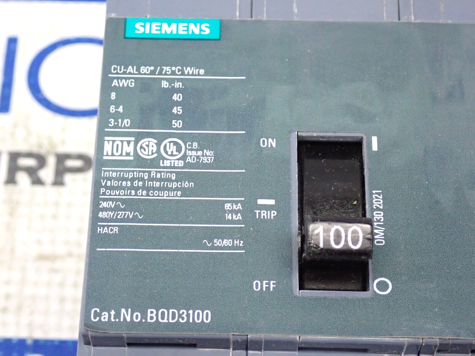 NEW Siemens BQD3100 3 Pole 100 Amp 480Y/277 Volt 14kA Bolt On Circuit ...