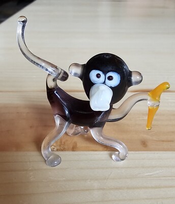 Hand Blown Glass Figurine Handmade Miniature Brown Monkey Holding ...