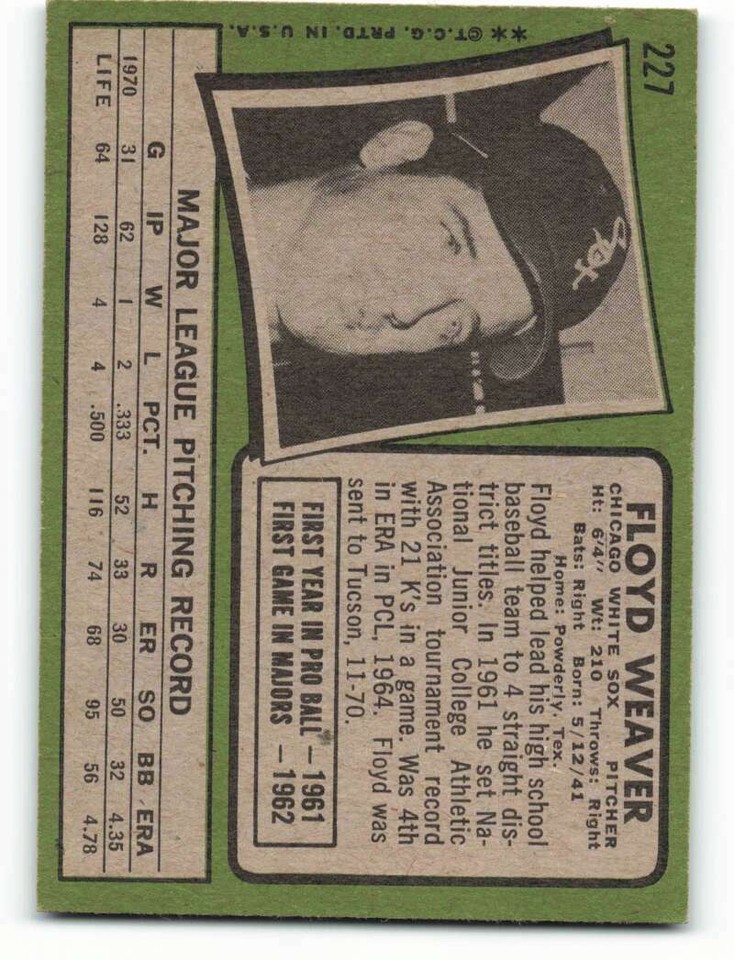 1971 Topps #227 Floyd Weaver NM Near Mint White Sox ID:230638 | eBay