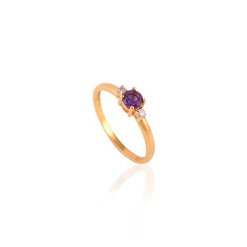 Natural Amethyst and Diamonds Dainty Minimalist Ring Solid 14k Yellow ...