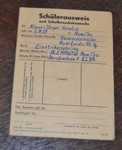 Seltener Schülerausweis 1952 Lehrling aus Niederschlema Betrieb Blema ...