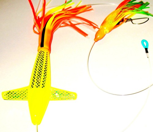 TEASER BIRD RIGGED TROLLING LURE 9" incl Skirt, YELLOW, COVERED ...