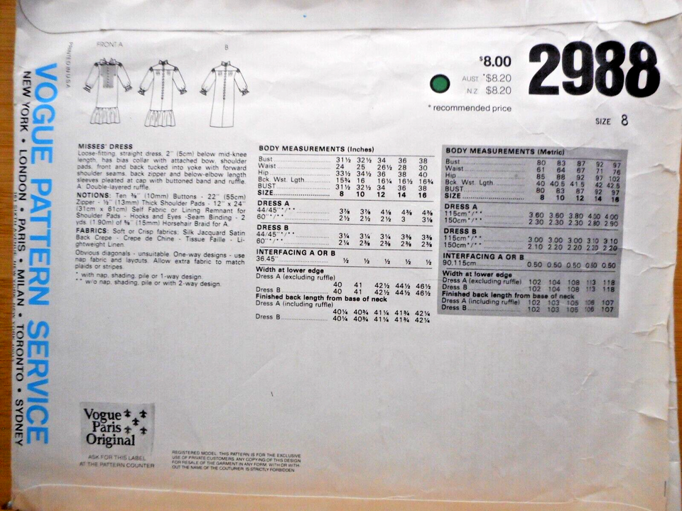 Vintage Vogue Paris Original Pattern 2988 Dress 2 Styles Nina Ricci Sz ...