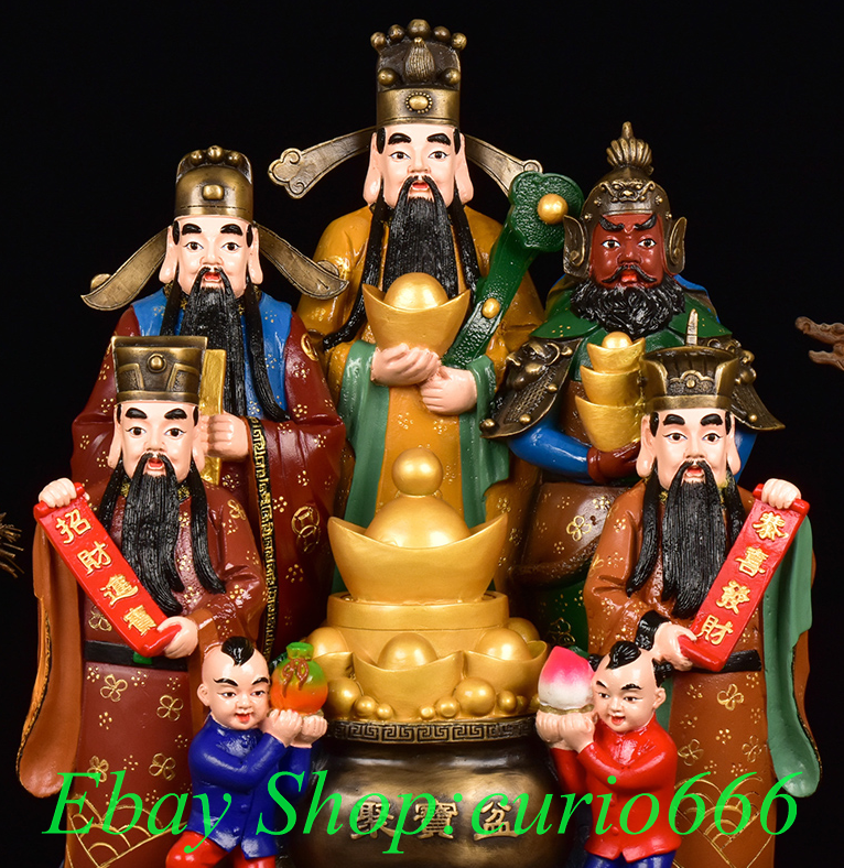 10" Old Chinese Copper Color Painting Feng Shui 5 Mammon God of Wealth ...