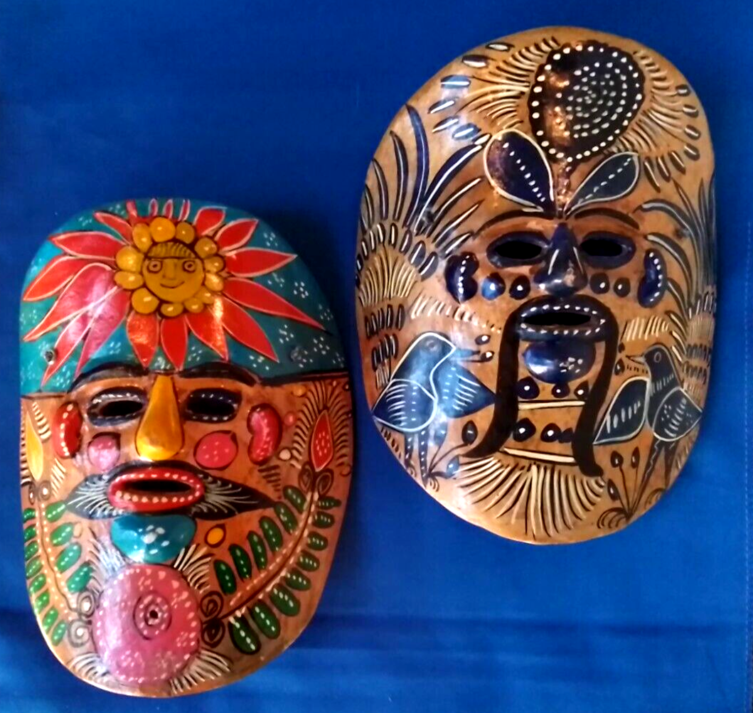 Mexican Folk Art Masks - Pottery Hand Painted Clay Wall Hanging - Set ...