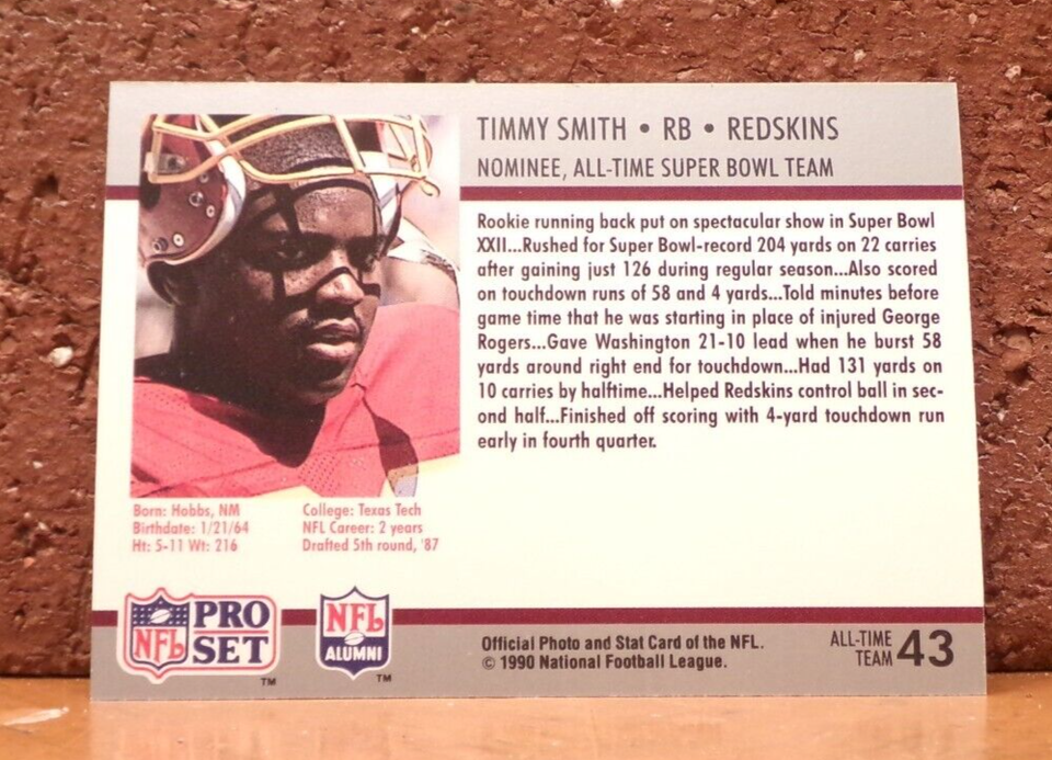 FOOTBALL CARD FRESH FROM BOX PRO SET SUPER BOWL SUPERMEN TIMMY SMITH ...