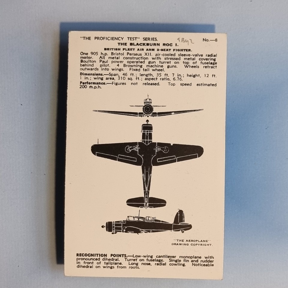 WW2 Aircraft Recognition Postcard C1940 Blackburn Roc I Turret Fighter ...