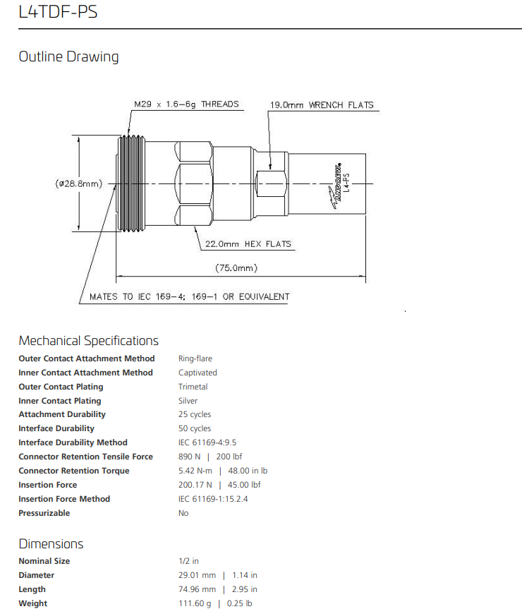 L4TDF-PS ANDREW DIN FEMALE POSITIVE STOP CONNECTOR FOR 1/2" LDF4-50A ...