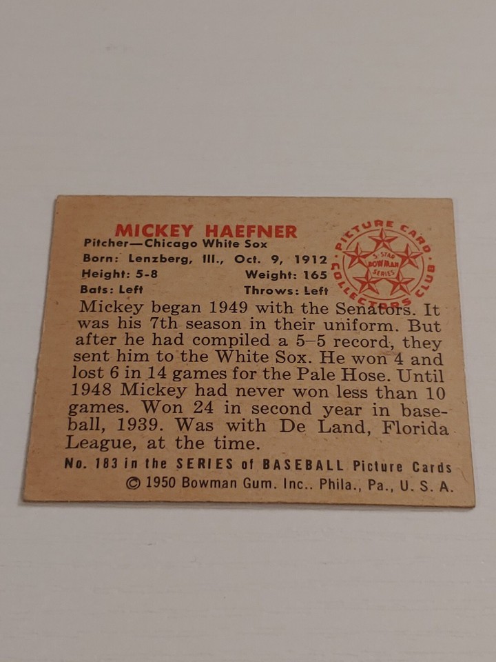 1950 Bowman Baseball #183 Mickey Haefner (White Sox) | eBay