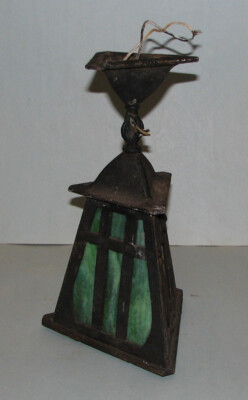 Antique Mission Lighting Rare Green Glass Cast Iron Trapezoid Hanging ...