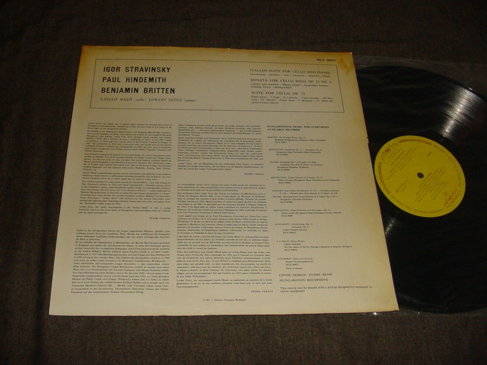 Hungaroton SHLX 90011 ed1 Laszlo Mezo, cello solo: Stravinsky Hindemith ...