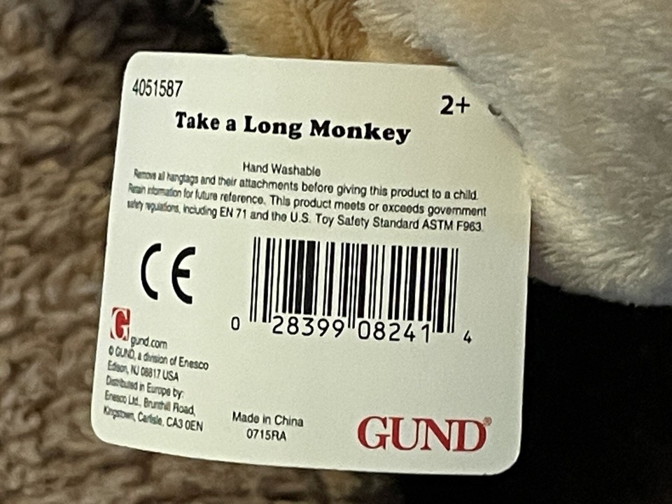 Jumbo 34" Gund Take Along Monkey w Tag 4051587 Brown Large Plush ...