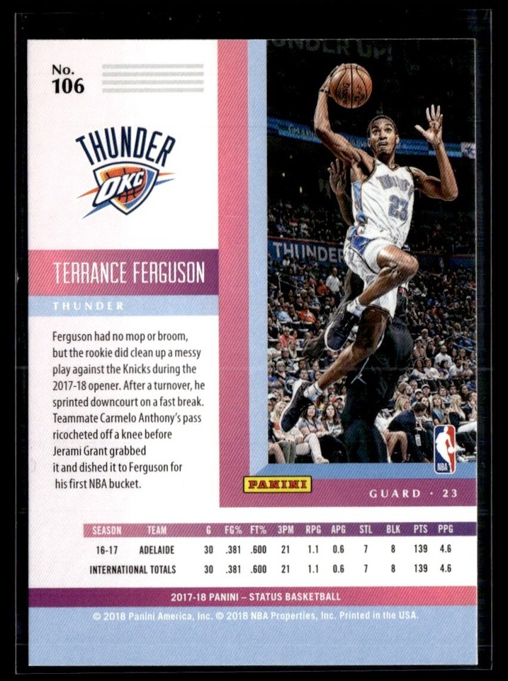 2017-18 Panini Status Terrance Ferguson Rookie Oklahoma City Thunder ...