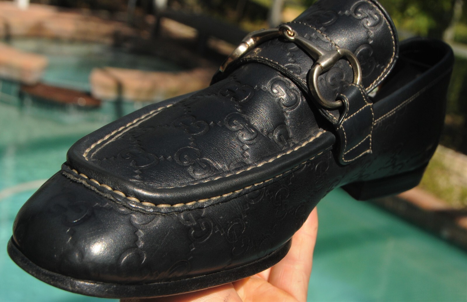 GUCCI Men's Dark blue Leather GG Print Model Dress … - Gem