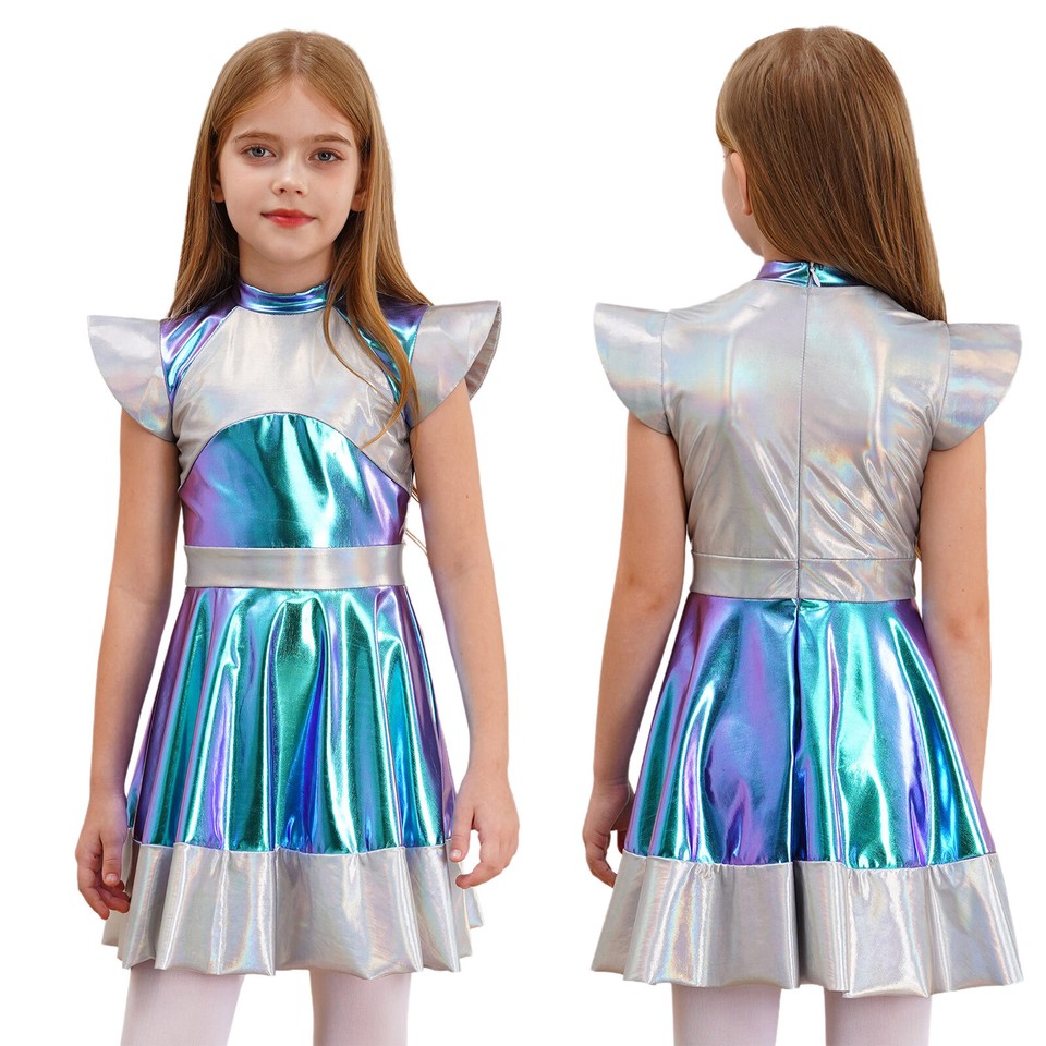 Kids Girls Metallic Alien Dress Halloween Costume Space Theme Party ...