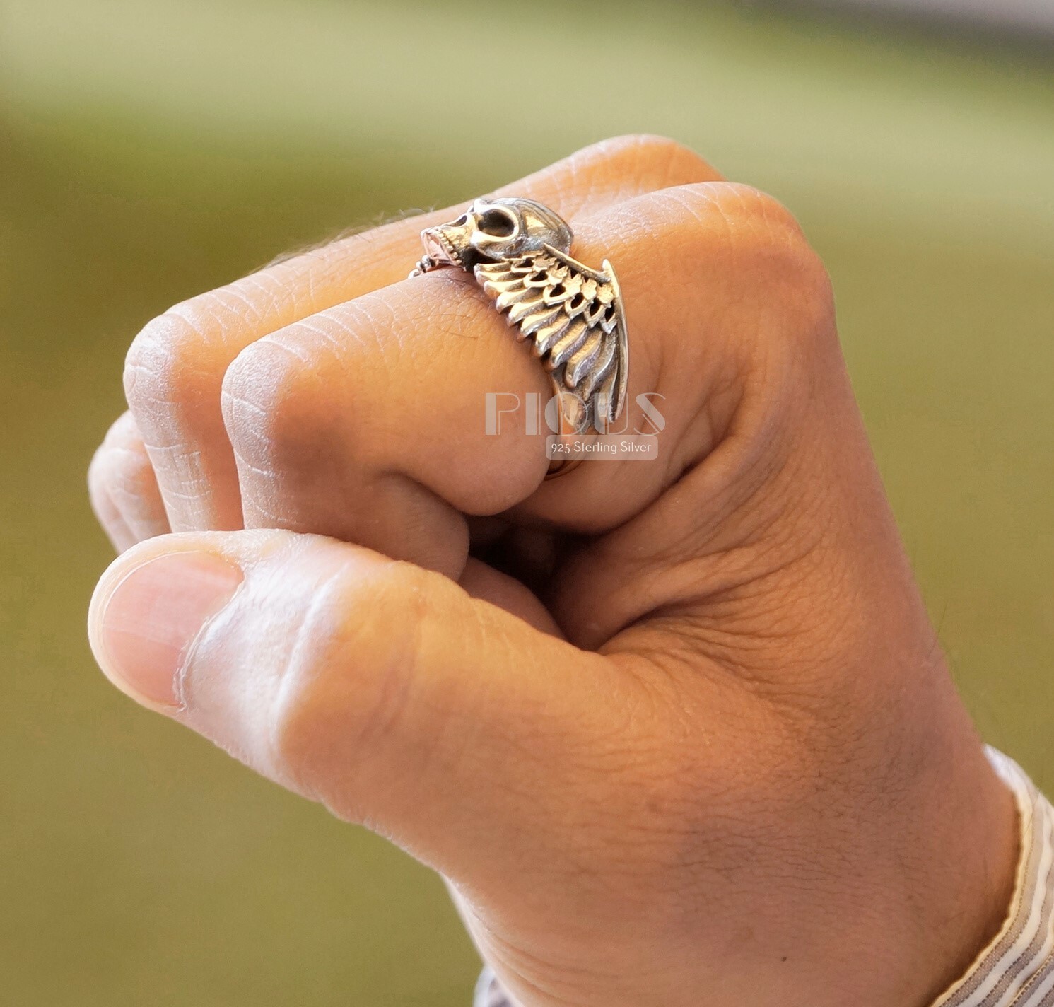 Gothic Punk Half Jaw Skull Wings 925 Silver Biker rider Unisex bird ...