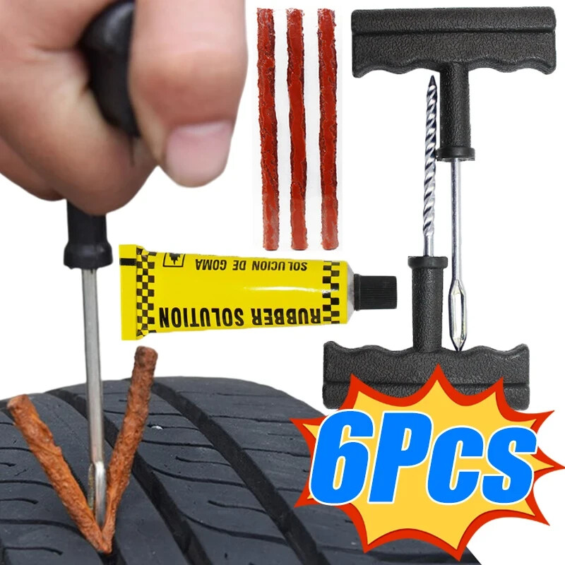 Tubeless Emergency Tyre Puncture Repair Plug 6pc Kit Needle Patch Fix ...
