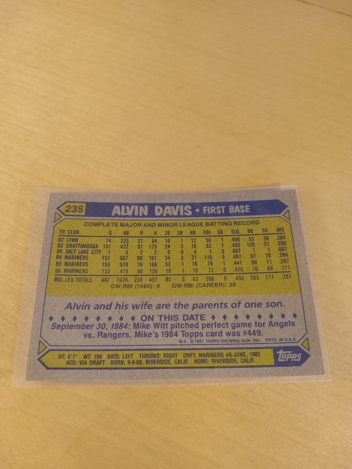 1987 Topps #235 ALVIN DAVIS Seattle Mariners Baseball Card, 1st Base ...