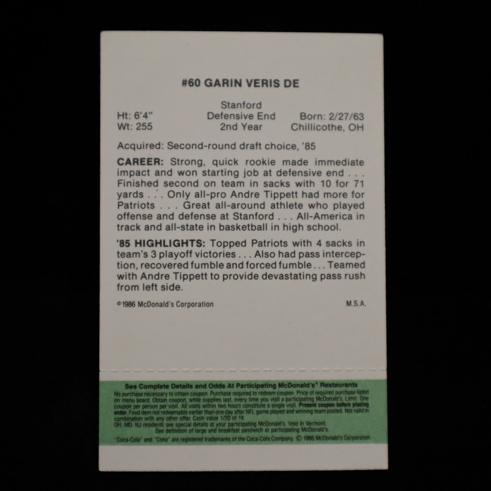 1986 Garin Veris New England Patriots McDonald's "GREEN" Game Card #60 ...