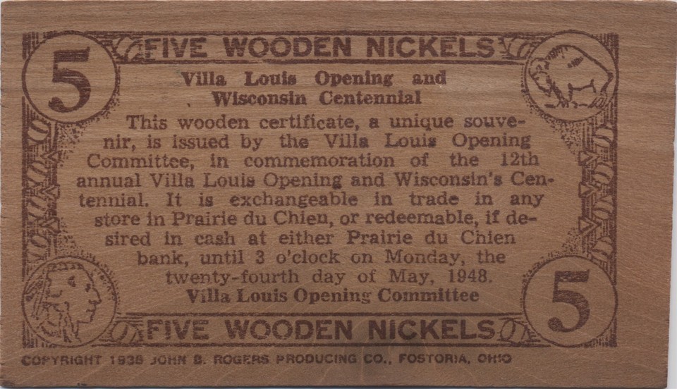1948 Wisconsin Centennial Villa Louis Wooden Nickels Prairie du Chien ...