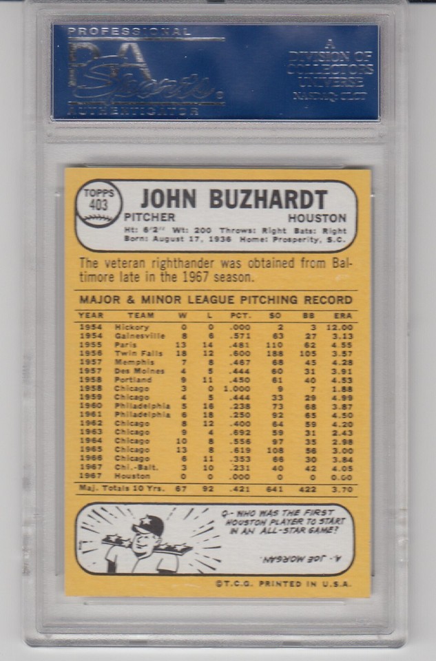 1968 Topps John Buzhardt #403 PSA MINT 9 (OC) | eBay