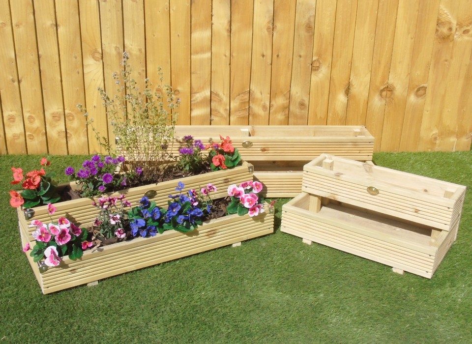 Two Tiered Garden Level Steps Wooden Timber Decking Planter Trough ...